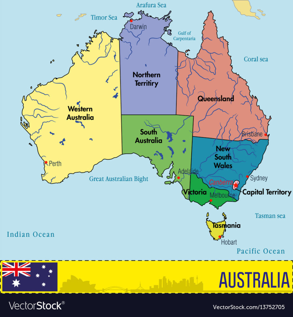 Australia Map With Regions And Their Capitals Vector Image | Adams ...