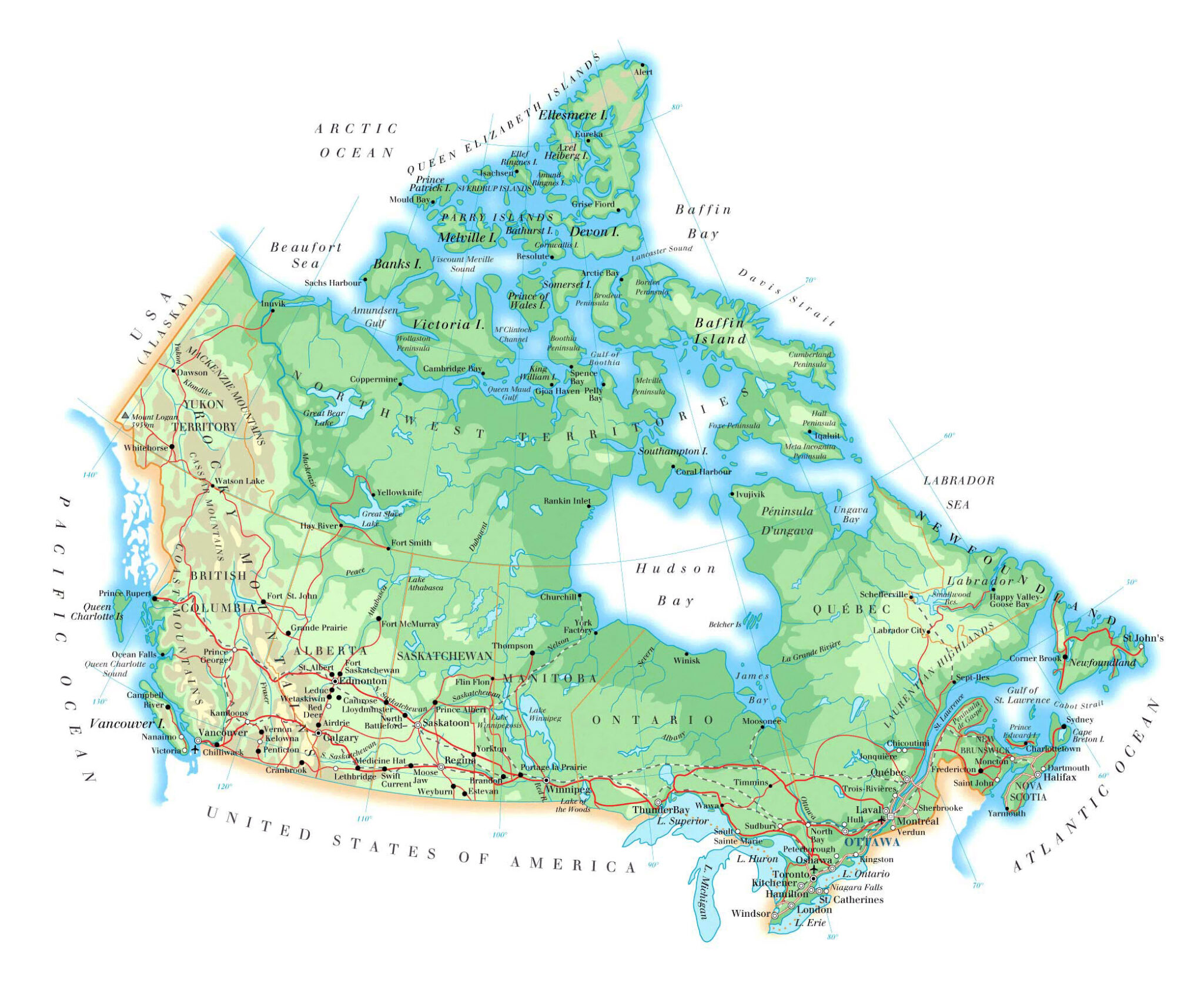 Large Detailed Road And Physical Map Of Canada Canada Large Detailed ...