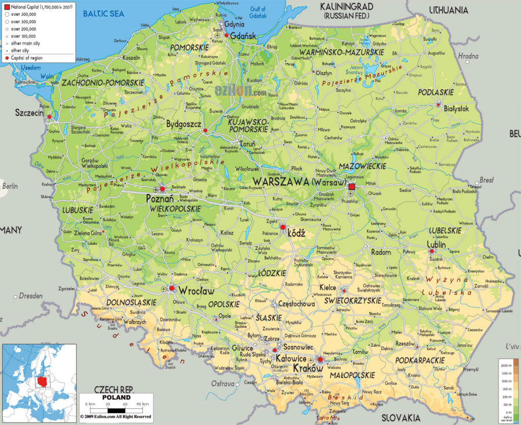 Large Physical Map Of Poland With Roads Cities And Airports Poland ...