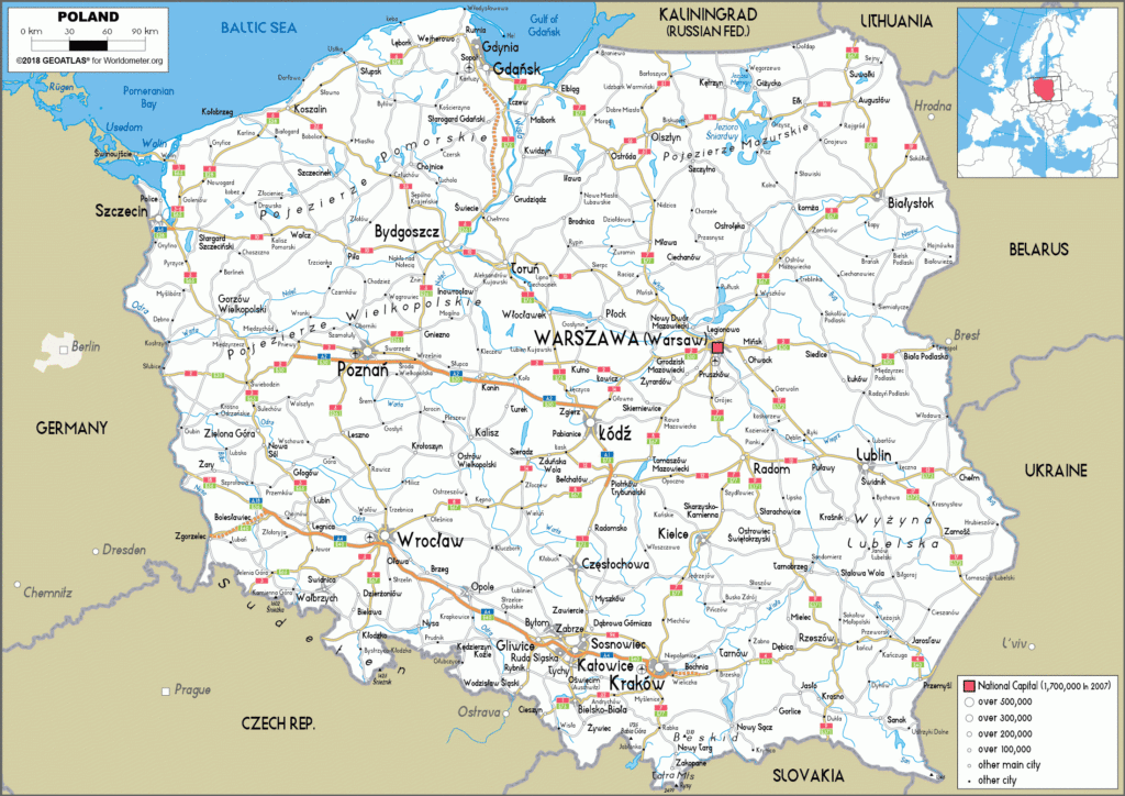 Large Size Road Map Of Poland Worldometer | Adams Printable Map