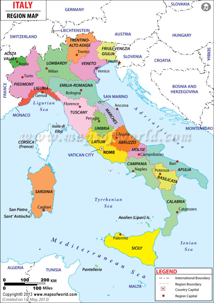 REGIONS OF ITALY Italian Surname Database | Adams Printable Map