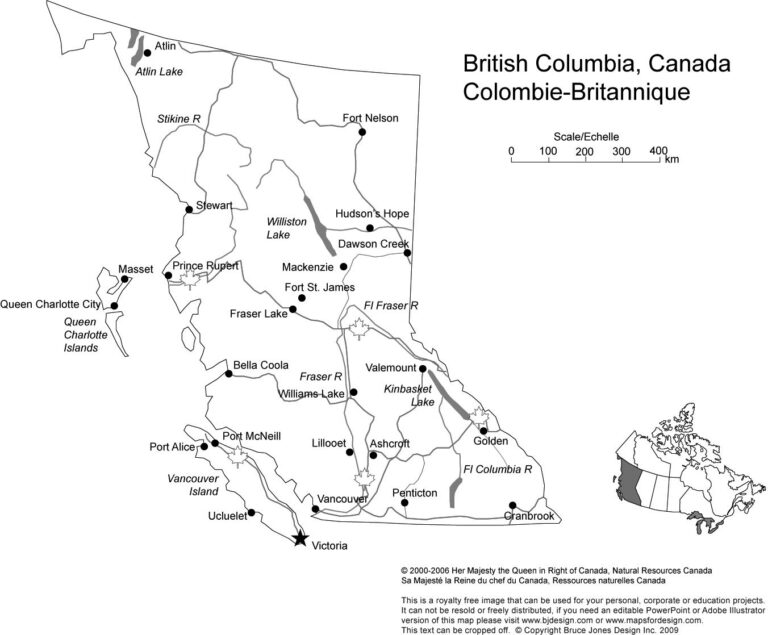 British Columbia Canada Province State Printable Blank Map Names ...
