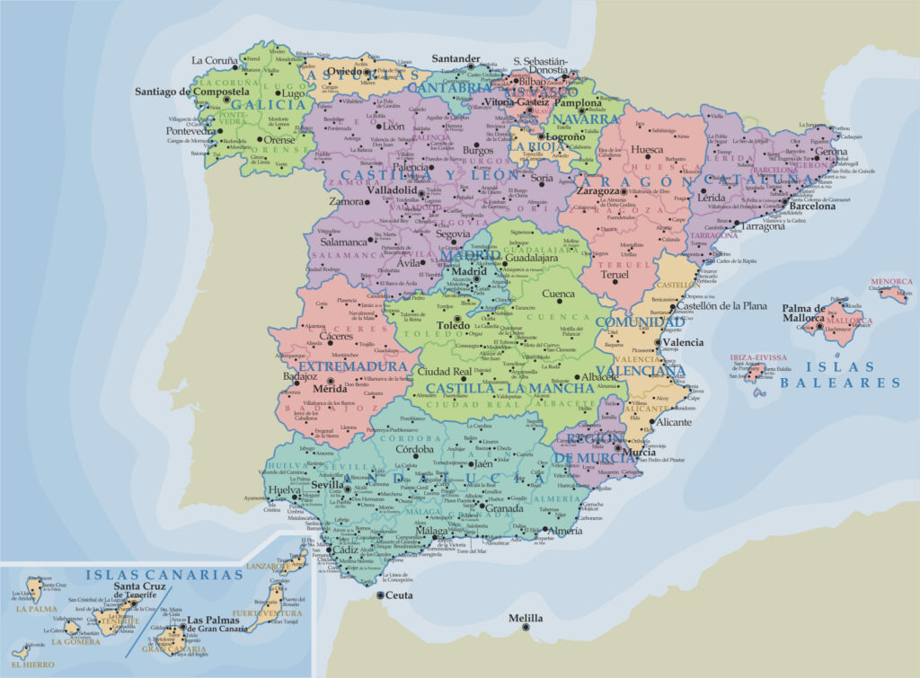 Detailed Administrative Map Of Spain With Major Cities Vidiani | Adams ...