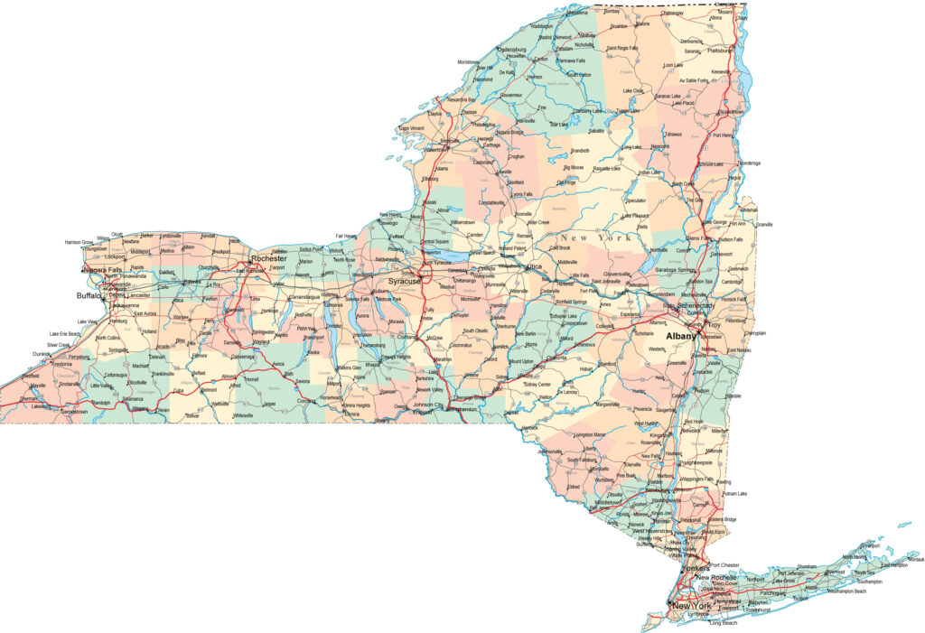 Large Detailed Road And Administrative Map Of New York State New York ...