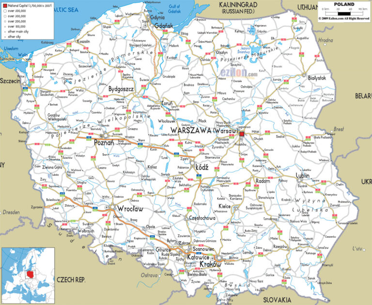 Large Detailed Road Map Of Poland With All Cities And Airports | Adams ...