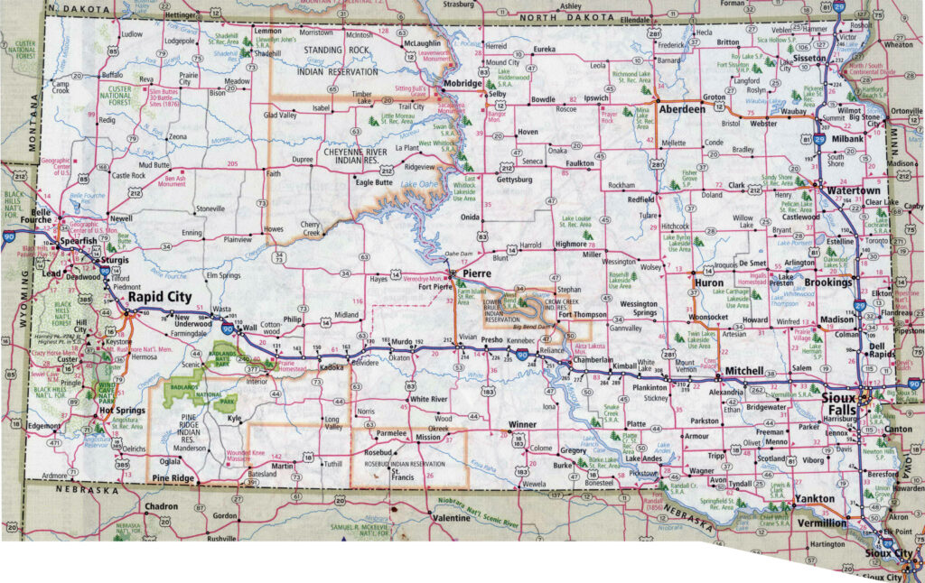 Large Detailed Roads And Highways Map Of South Dakota With All Cities ...