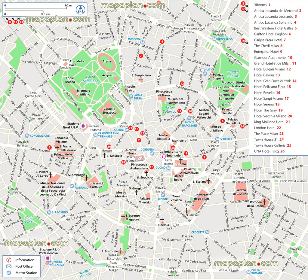 Milan Map Central Milan Hotels Accommodation Map With Downtown City ...