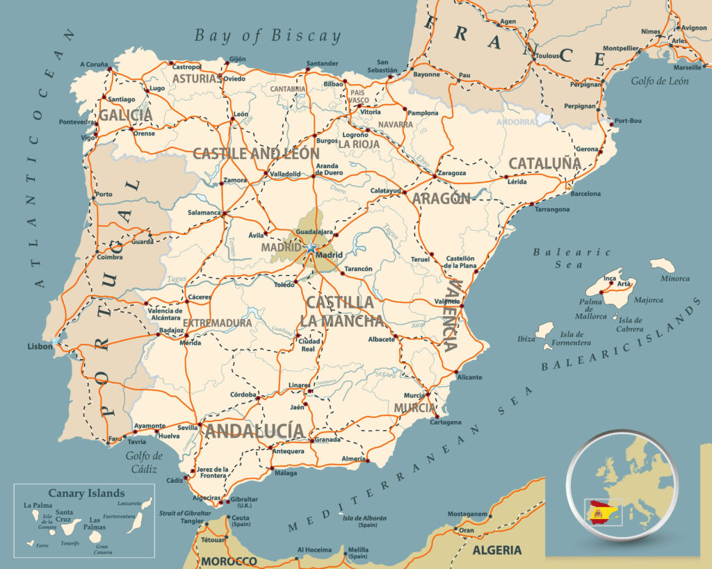 Map Of Portugal And Spain With Major Cities | Adams Printable Map