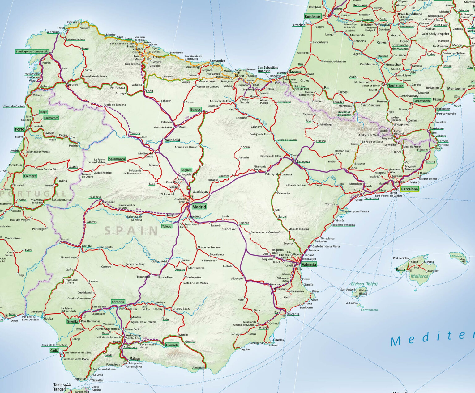 Railway Map Of Spain And Portugal | Adams Printable Map